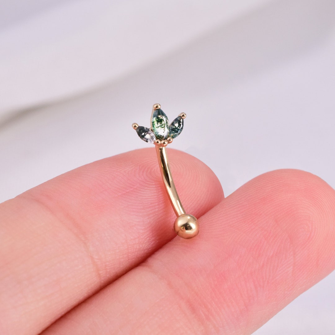 14K Solid Gold Moss Agate Rook Eyebrow Earring 3 Marquise Flower Curved ...