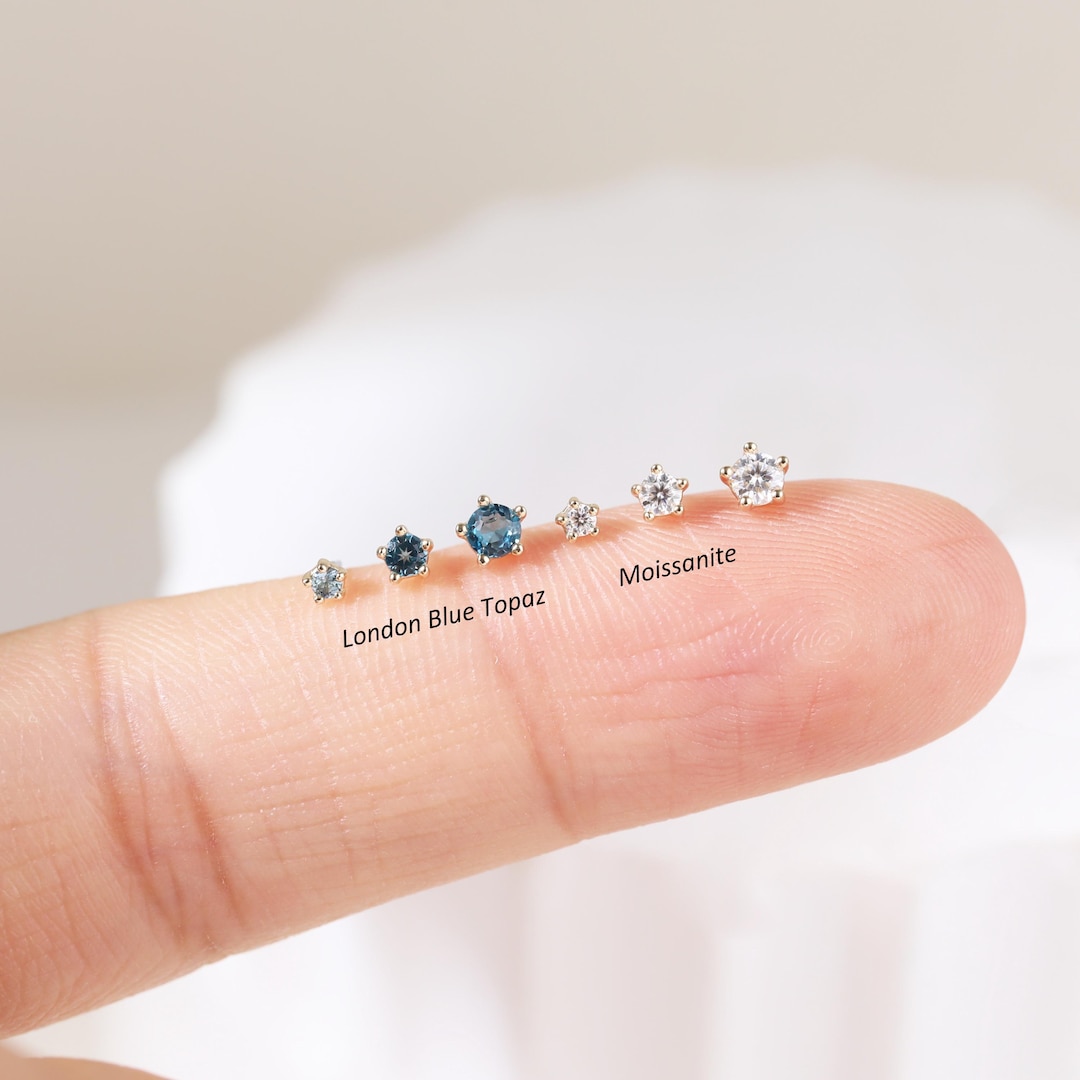 14K Solid Gold London Blue Topaz Push Pin Stud, Moissanite Labret ...