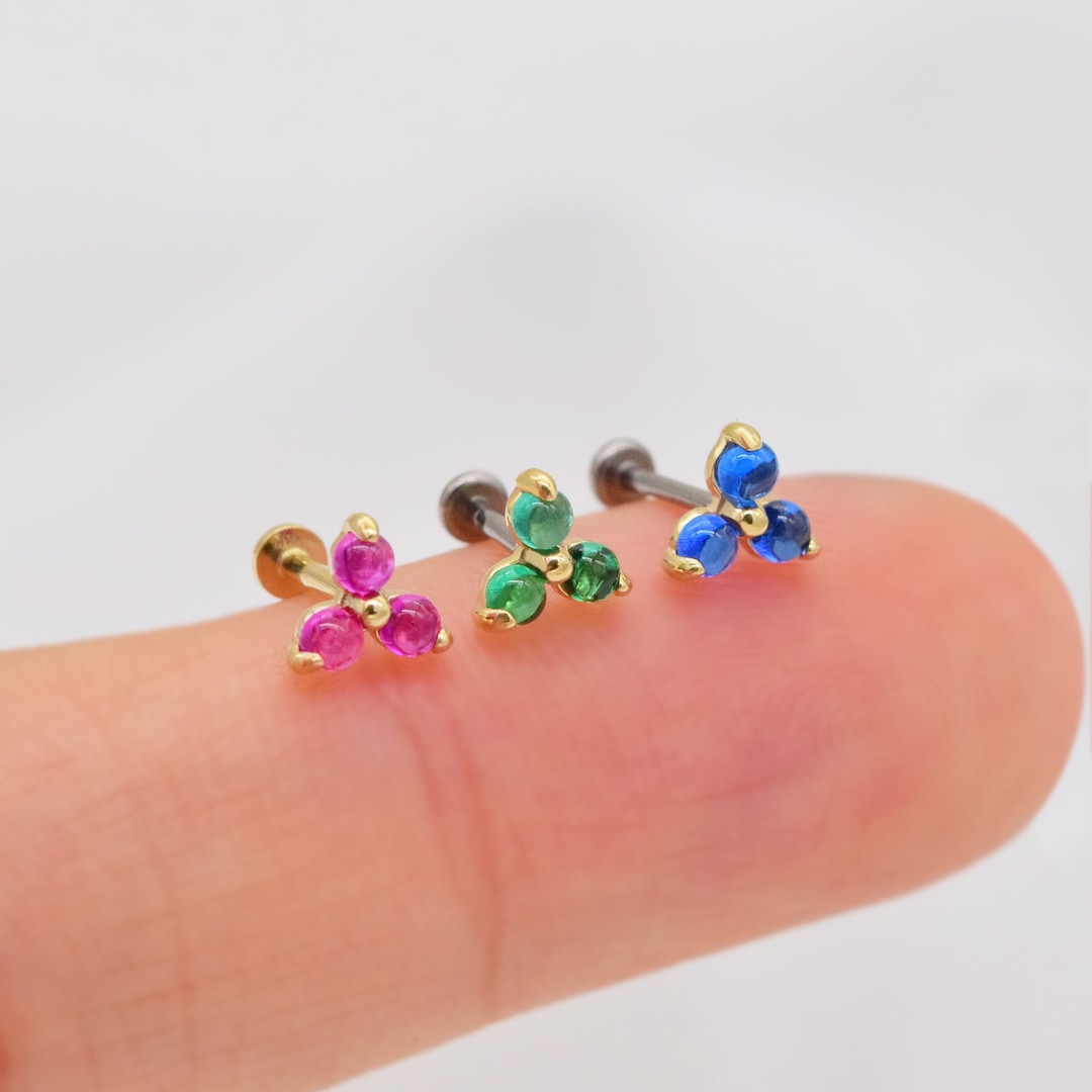 14K Solid Gold Emerald Ruby Blue Sapphire 3 Stone Cartilage Stud ...