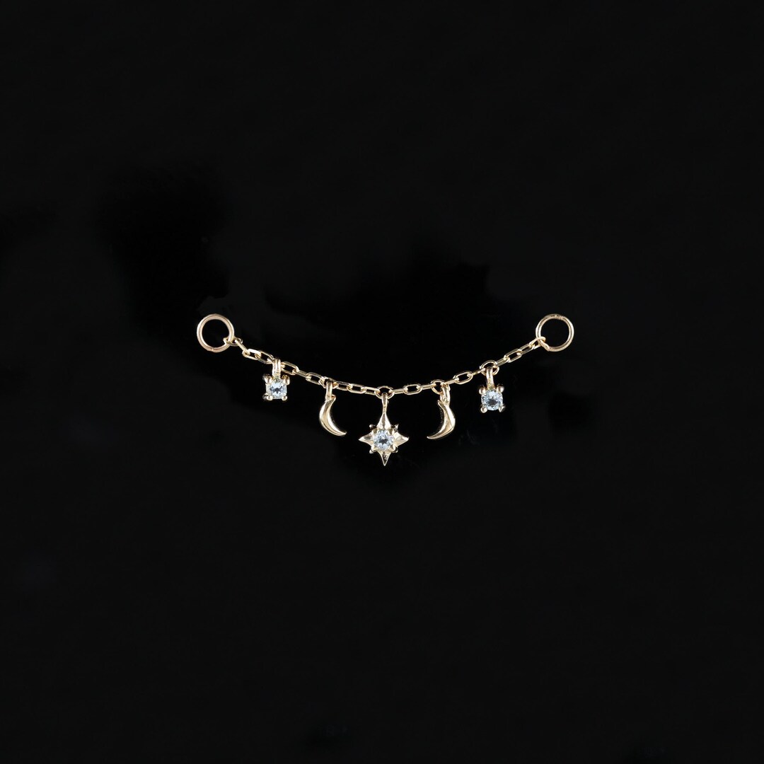 14K Solid Gold Swiss Blue Topaz Moon With Star Chain, Celestial ...