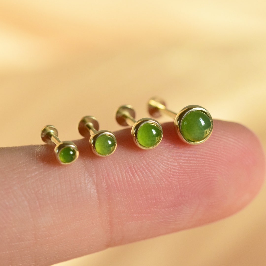 14K Solid Gold Green Jade Threadless Push Pin Stud Earring Dainty Round ...