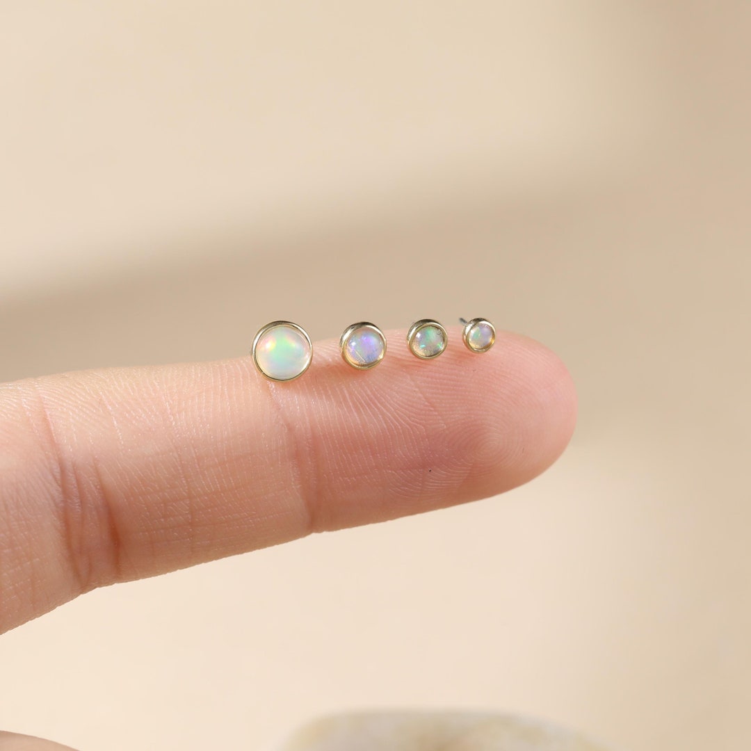 14K Solid Gold Opal Threadless Push Pin, Gold Labret Round Gemstone ...