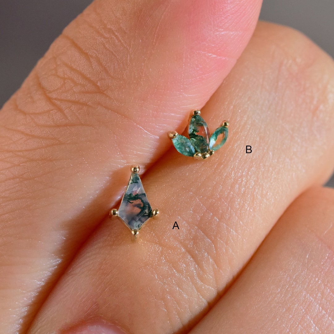 14K Gold Tiny Rhombus Moss Agate Earring Threadless Push Pin Labret Dainty Fan Shape Cartilage ...
