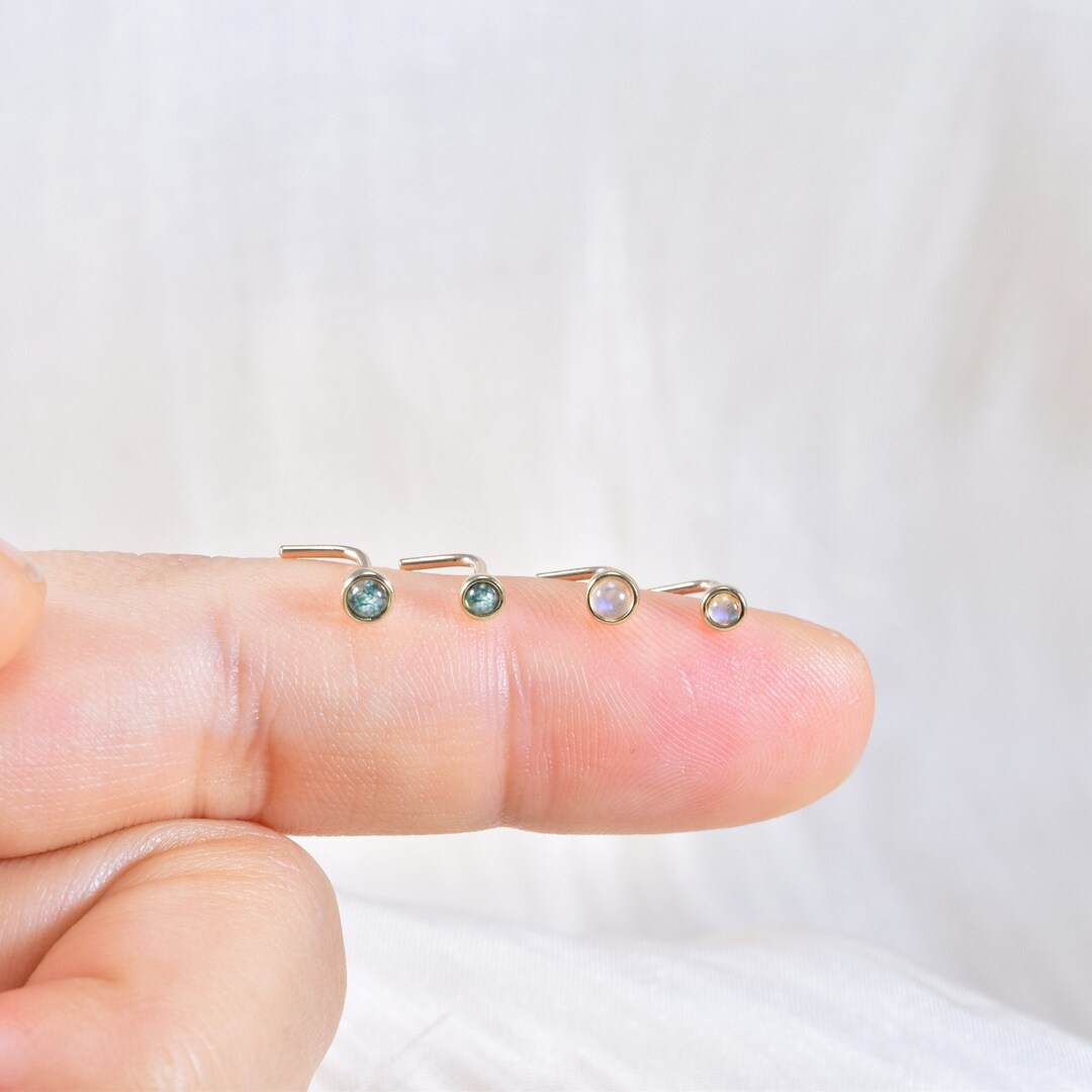 14K Gold Moonstone L-shaped Nose Ring, Round Moss Agate L Nose Stud ...