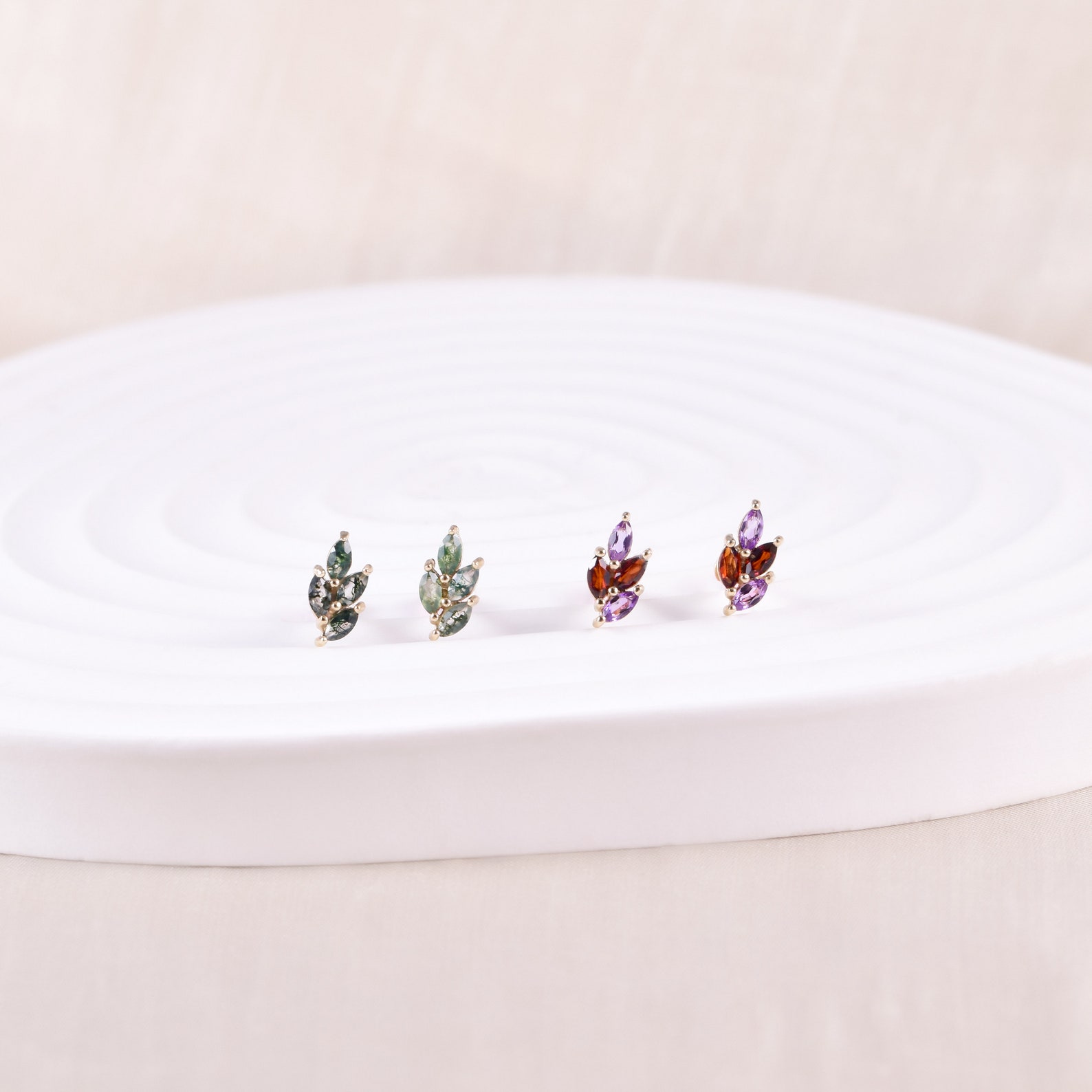 14K Solid Gold Moss Agate Leaf Helix Piercing, Red Garnet With Amethyst ...