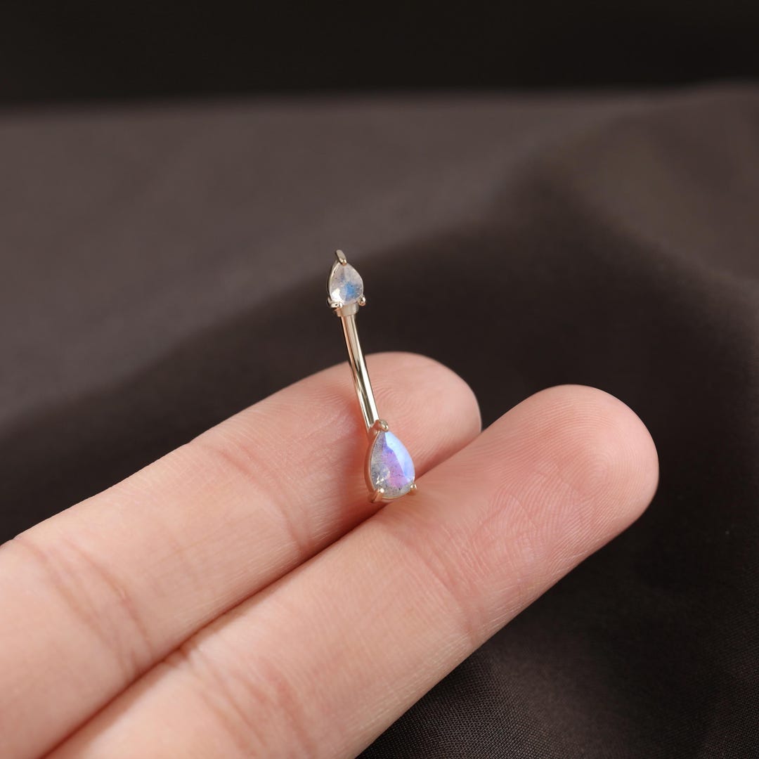 14K Solid Gold Blue Labradorite Belly Button Ring, Gold Teardrop Labradorite Curved Barbell ...