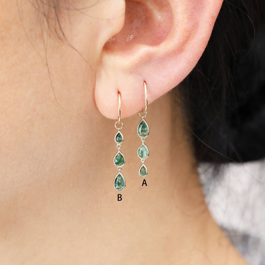 14K Solid Gold Dangle Pear Shape Moss Agate Dangle Charm, Gold Dangle ...