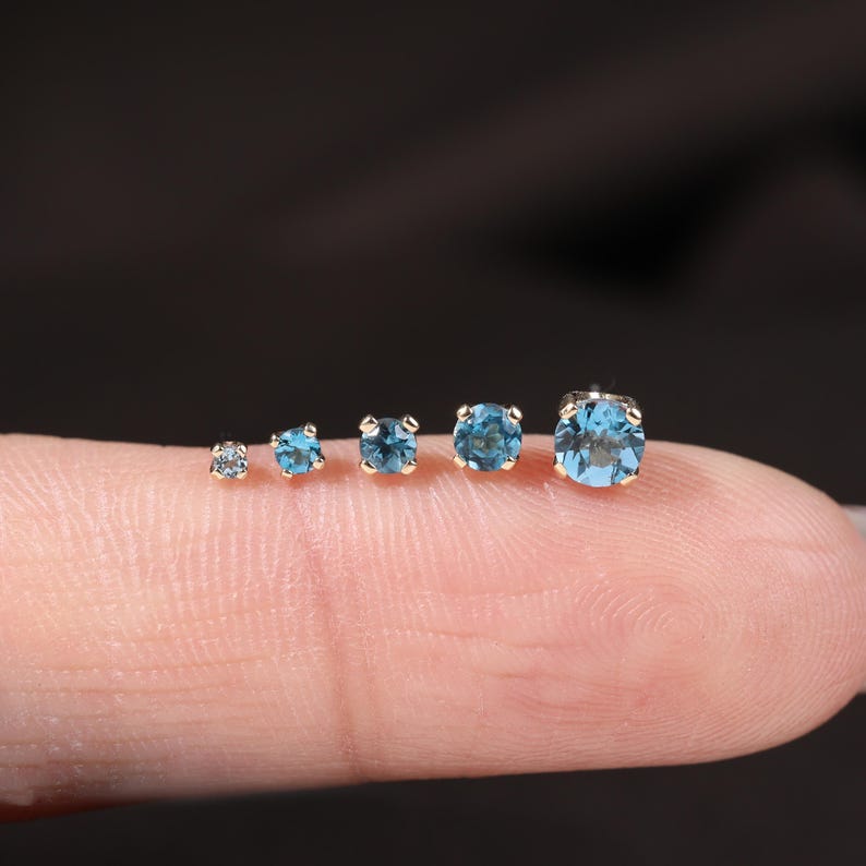 London Blue Topaz Solid 14K Gold Stud: Gemstone Threadless Pin Flat ...