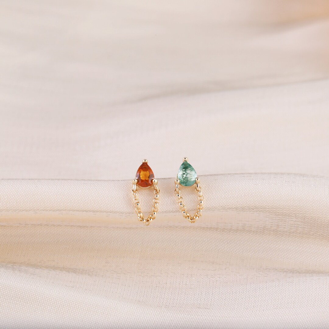 14K Solid Gold Moss Agate Chained Dangle Earring,citrine Cartilage ...