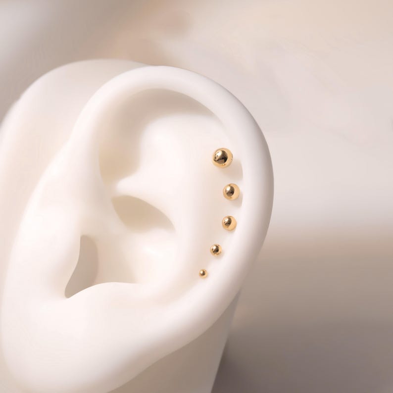 14K Solid Gold Ball Cartilage Helix Threadless Pin Stud, Multi Size ...