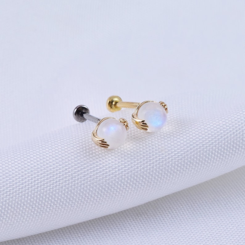 14k Solid Gold Moonstone Cartilage Earring Threadless Push in Labret ...