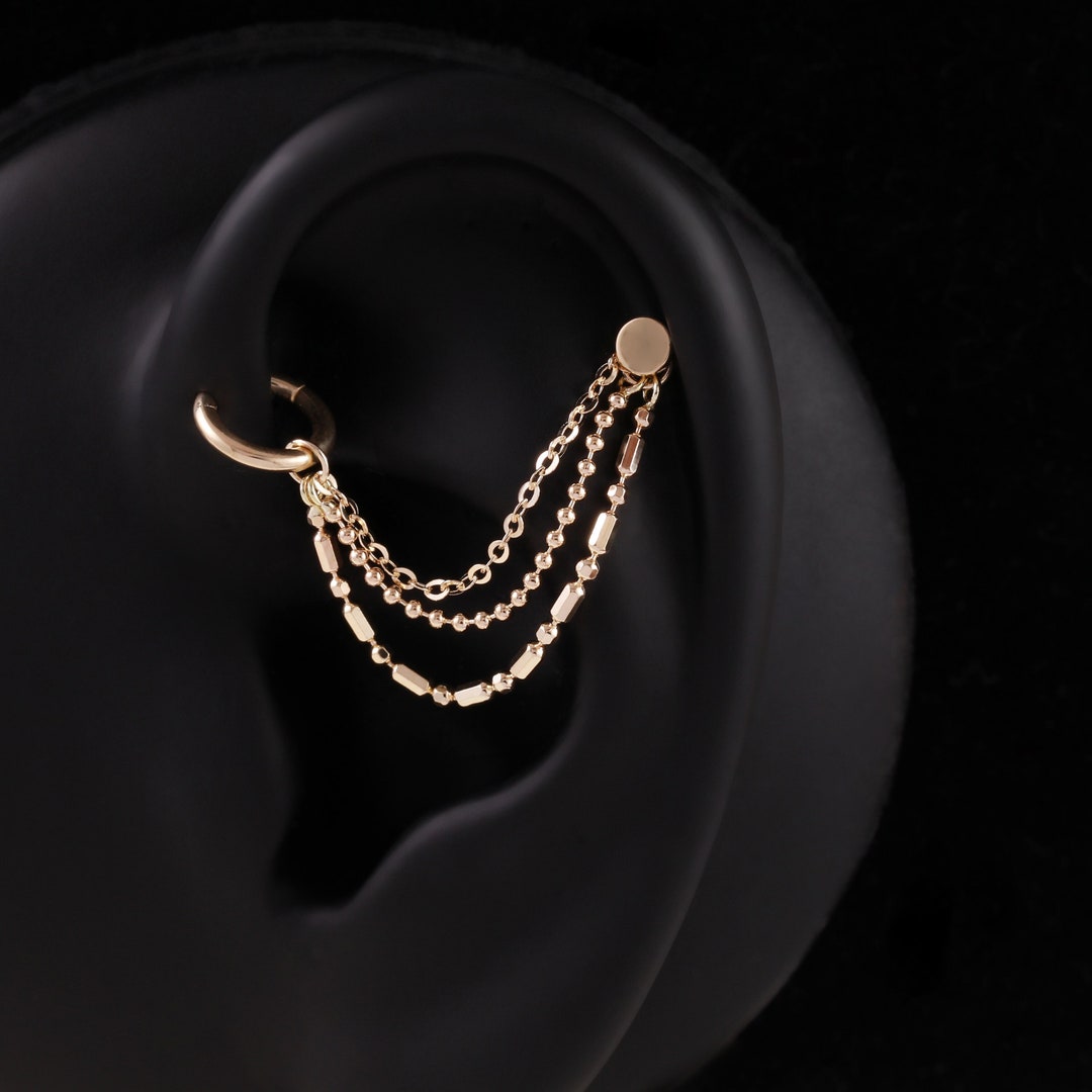 14K Solid Gold Triple Mixed Chain Attachment, 14K Gold Chain Piercing ...