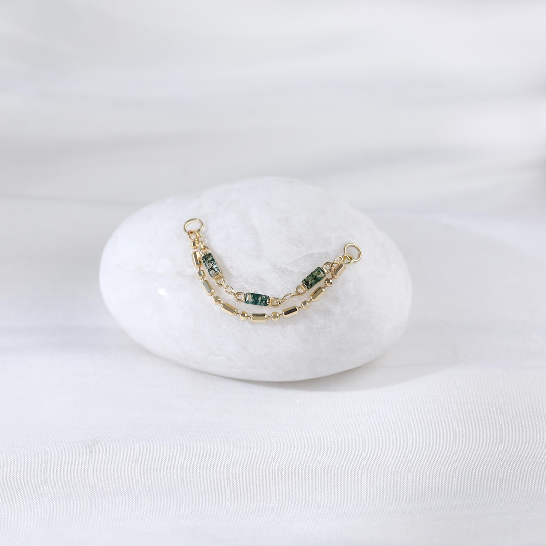 14K Solid Gold Moss Agate Earring Chain, Long Bean Chain Conch ...