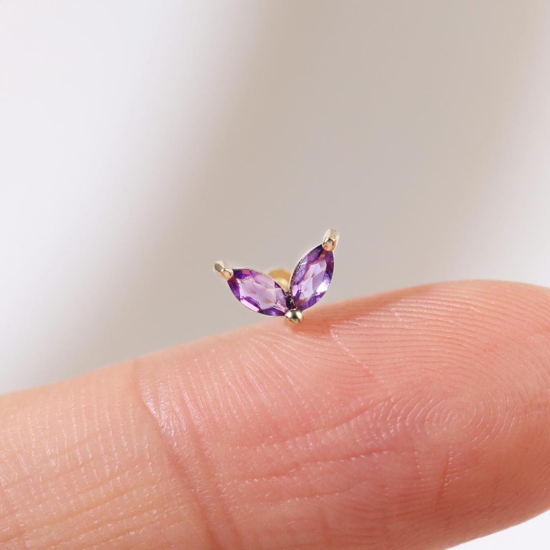 14K Solid Gold Amethyst Butterfly Helix Cartilage Piercing, Marquise ...