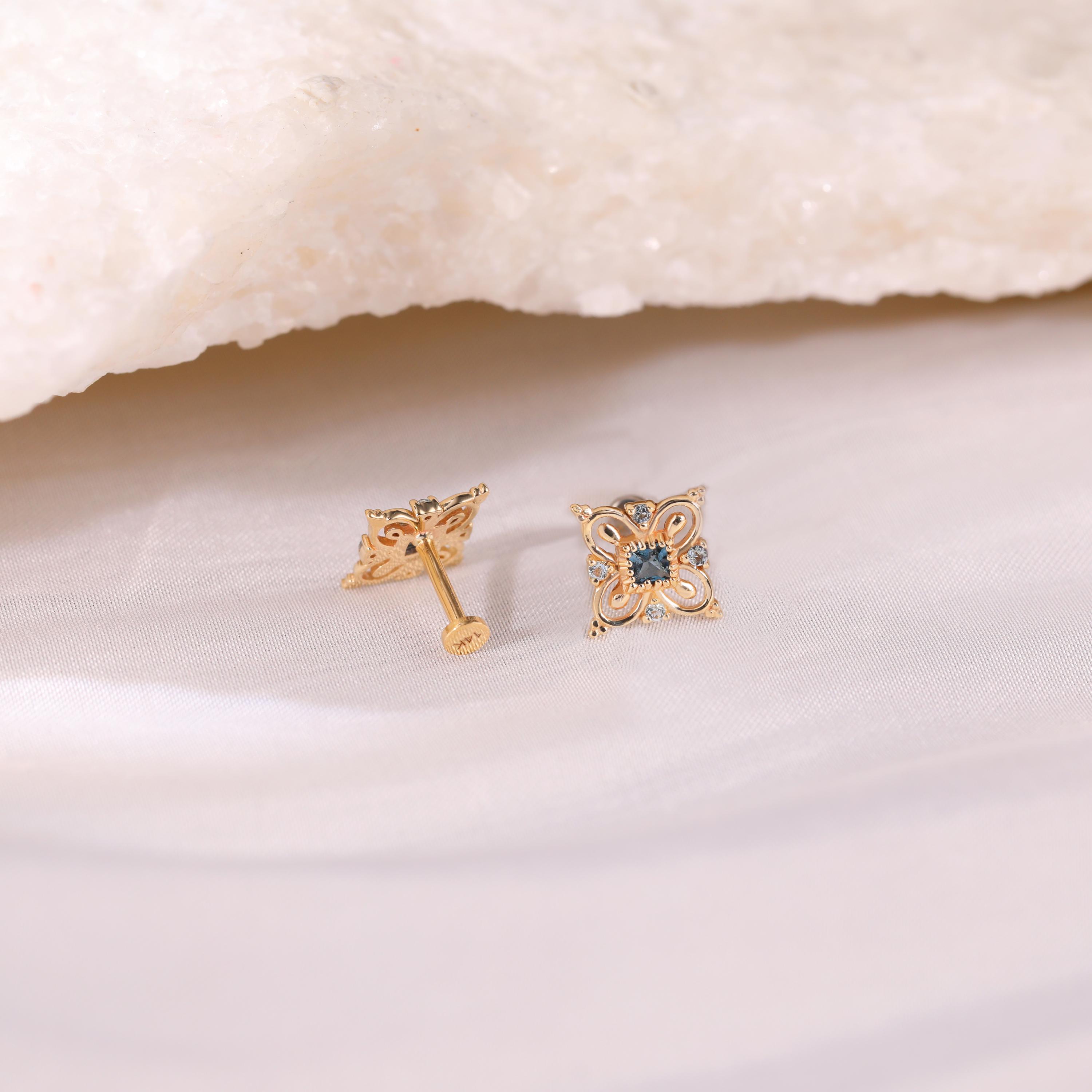 14K Solid Gold London Blue Topaz With Swiss Blue Topaz Stud, Floral ...