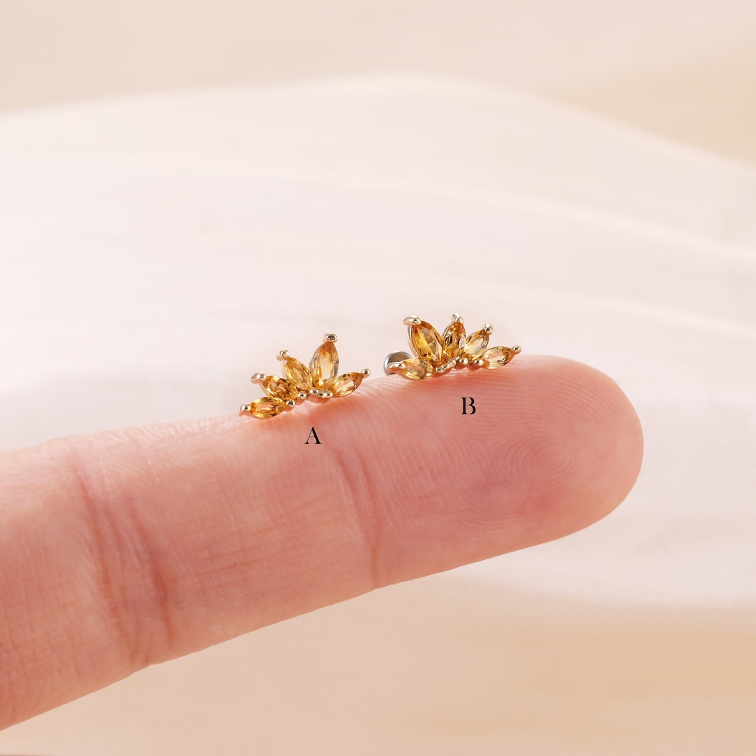 14K Solid Gold Citrine Marquise Fan Cartilage Piercing, Gemstone Helix ...