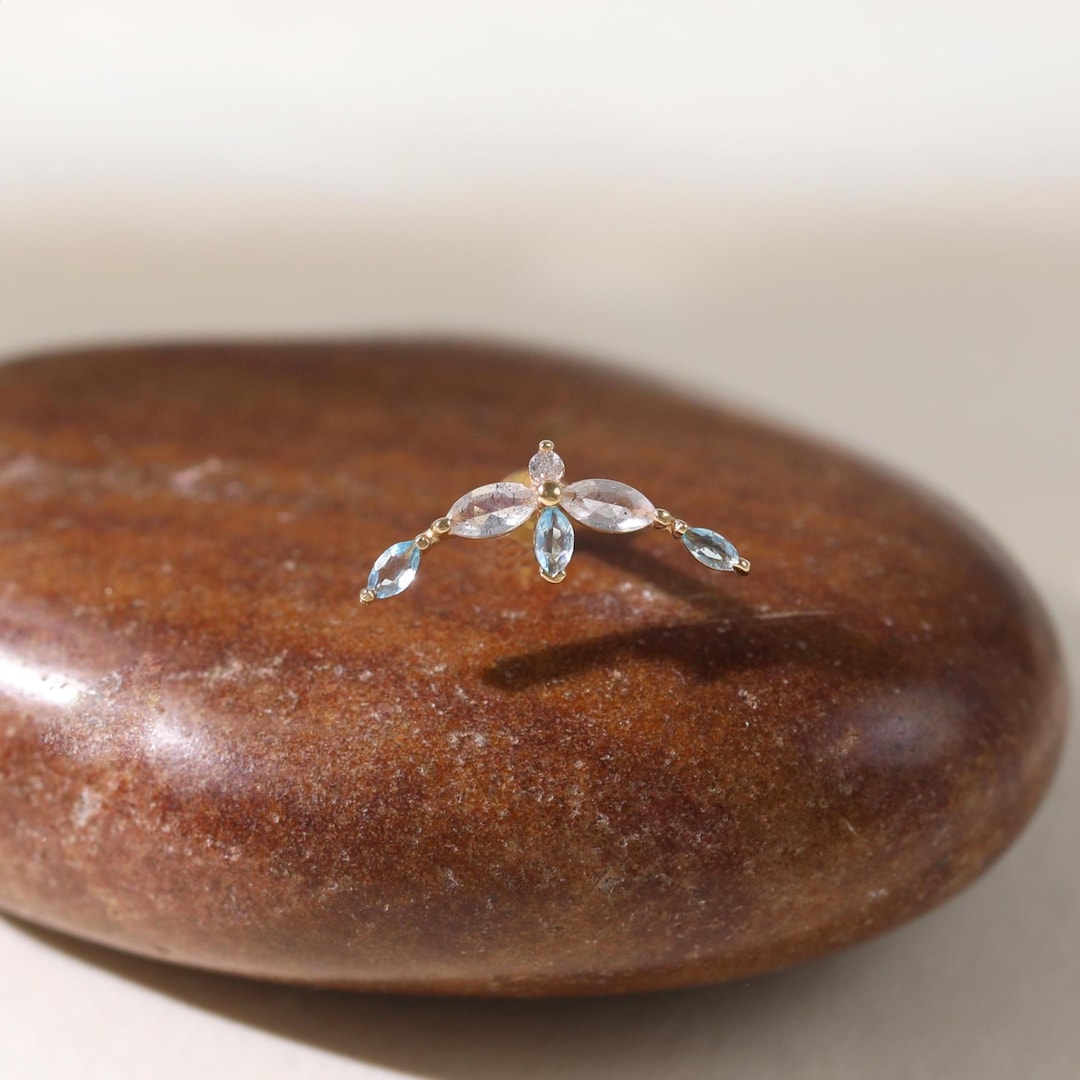 14K Solid Gold London Blue Topaz With Labradorite Climber Stud, Real ...