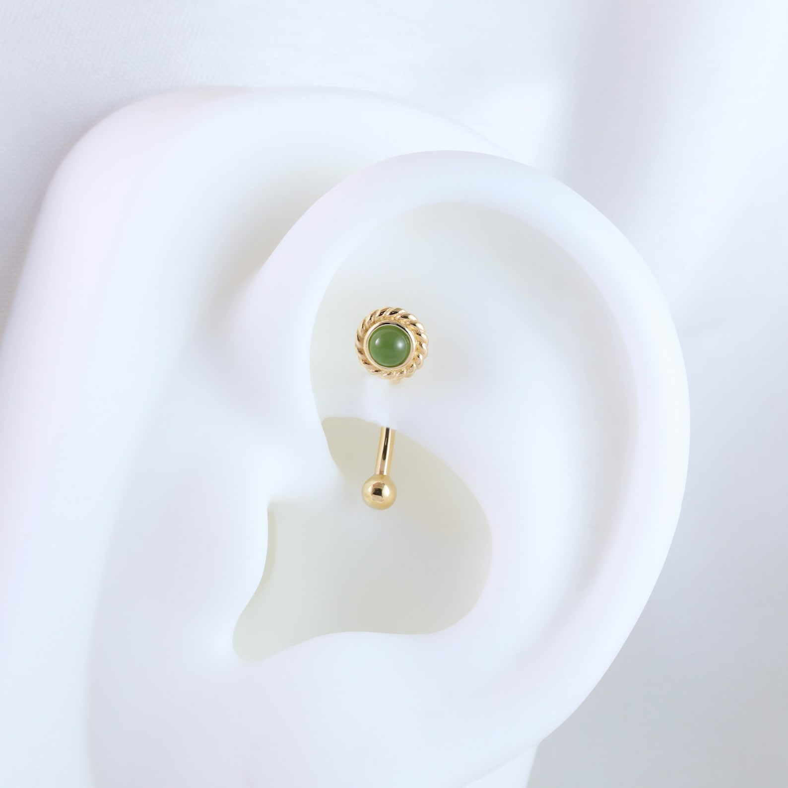 14K Solid Gold Moss Agate Round Rook, Jade Eyebrow Earring, Tiny ...