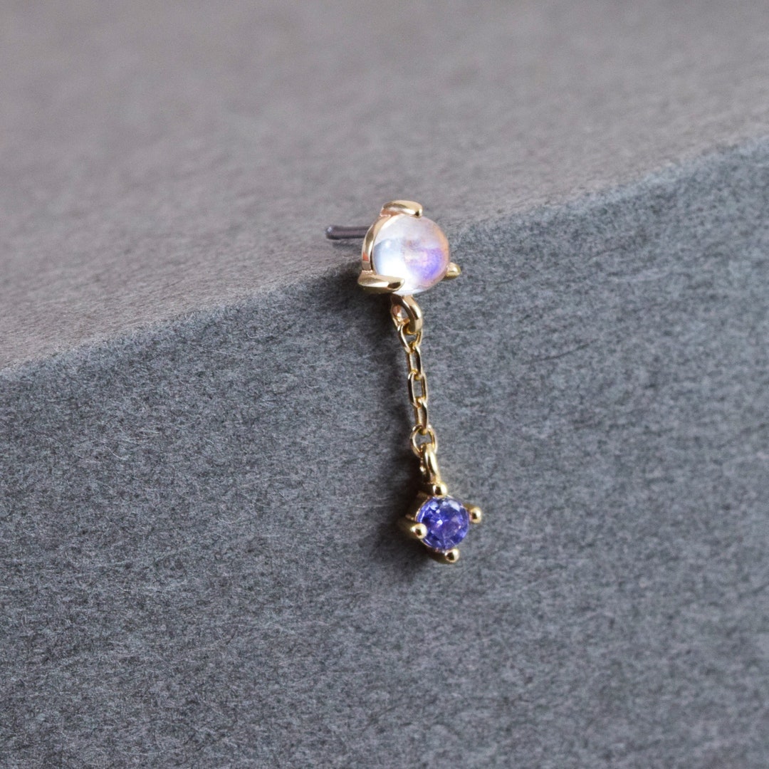 14K Solid Gold Dangle Chain Moonstone Earring Tanzanite Cartilage ...