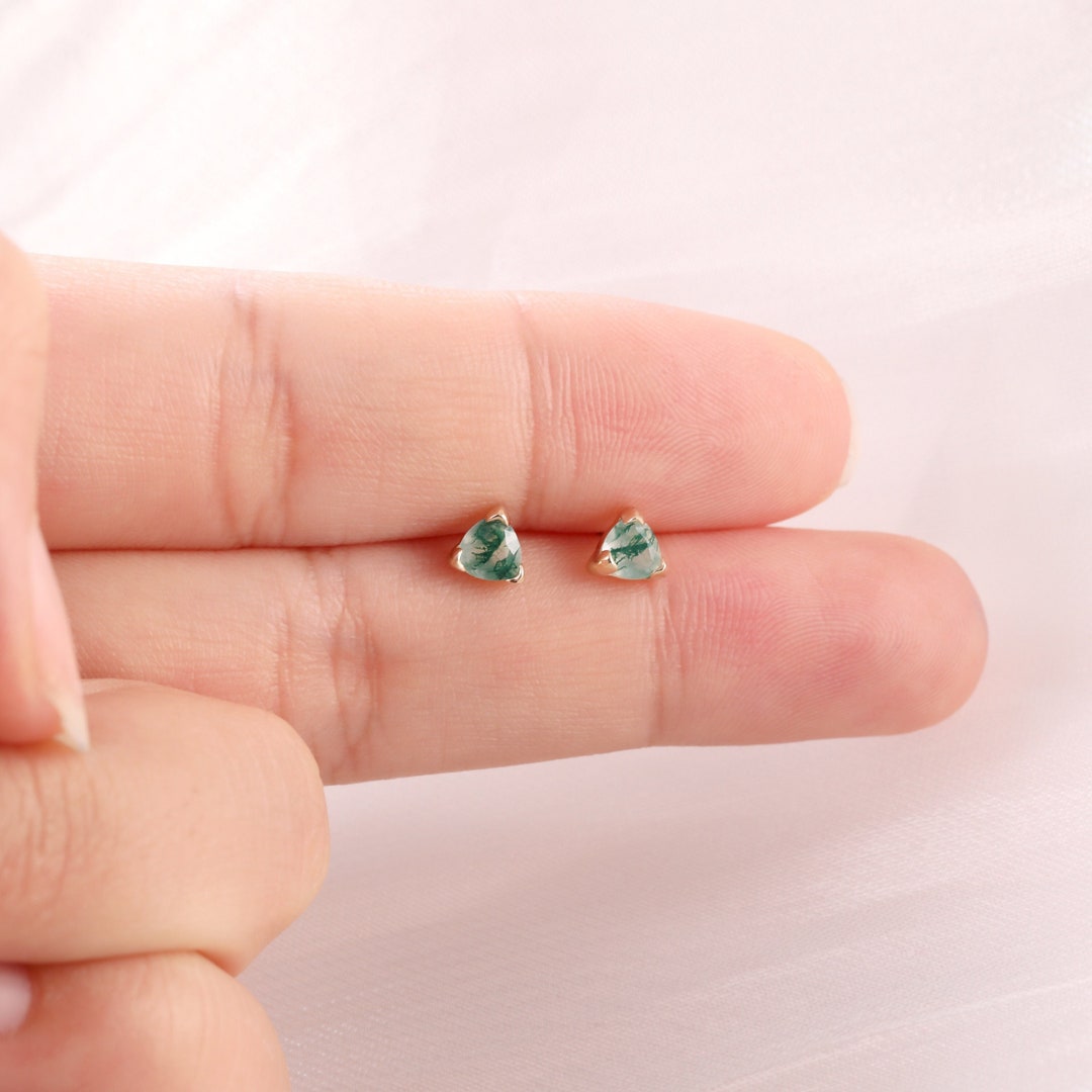 14K Solid Gold Fat Triangle Moss Agate Cartilage Piercing,moss Agate ...