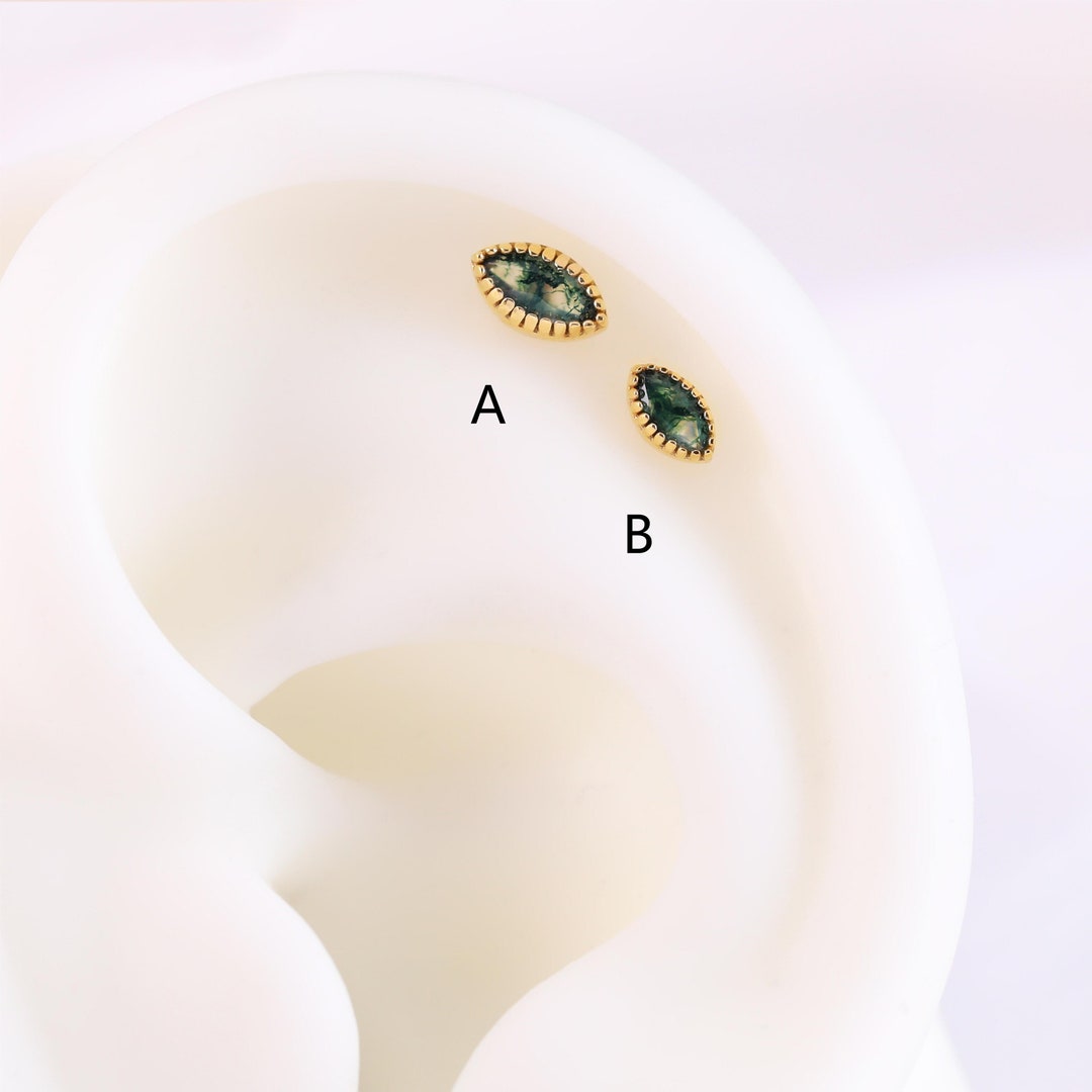 14K Solid Gold Marquise Moss Agate Stud Piercing, Moss Agate Helix Stud ...