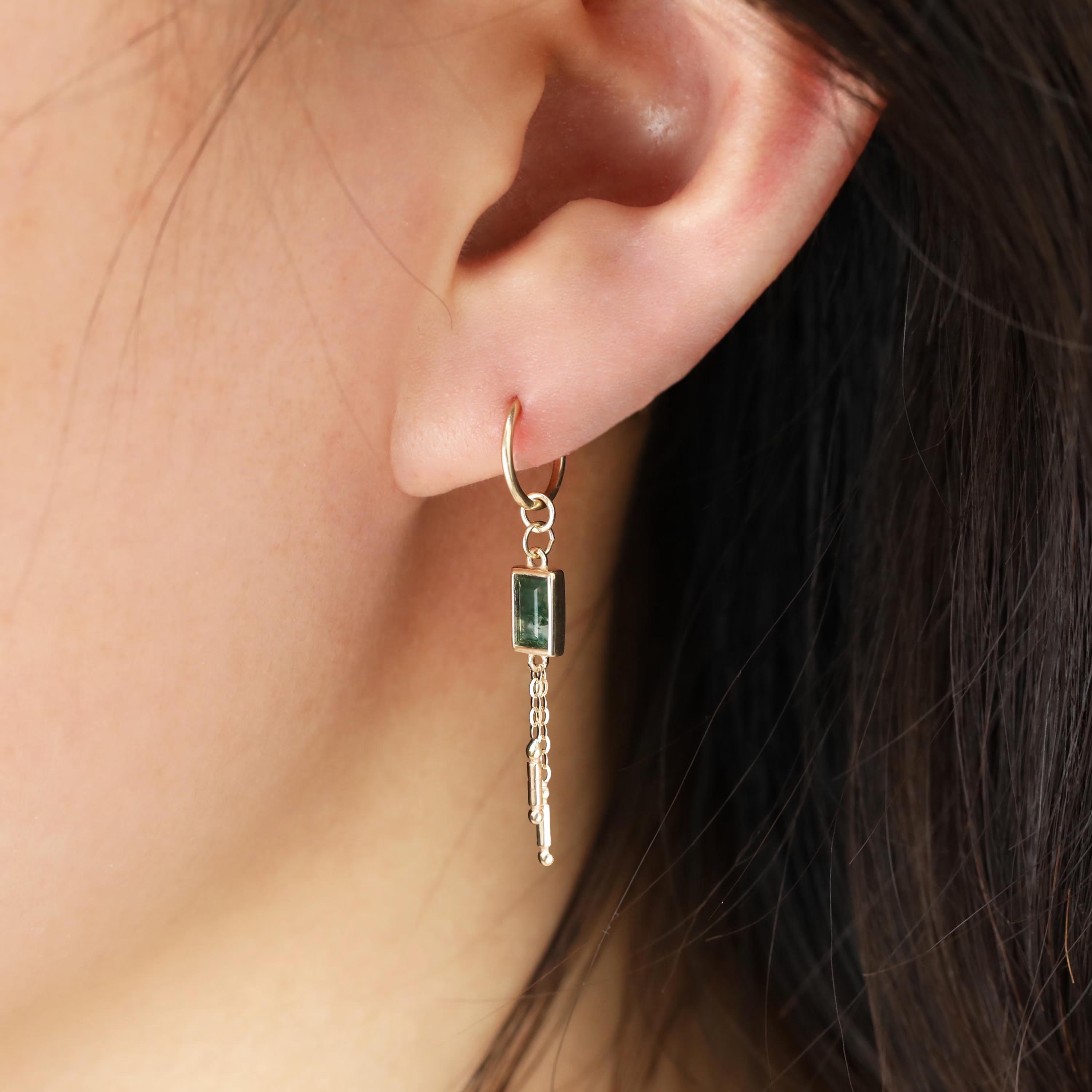 14K Solid Gold Dangle Baguette Moss Agate Charm, Dangle Bar Gemstone ...
