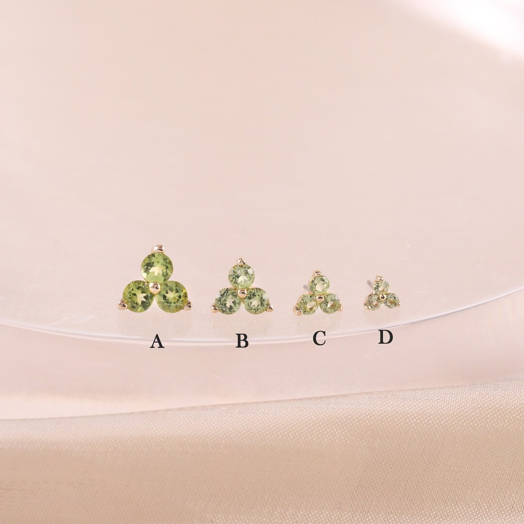 14K Gold Peridot Triangle Stone Cluster Floral Stud, Gold Threadless ...