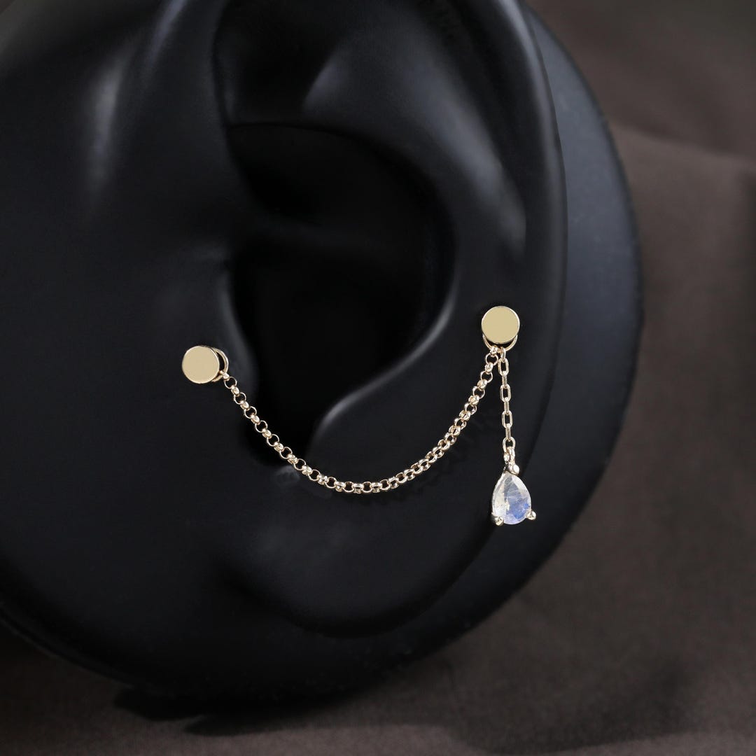14K Solid Gold Labradorite Drop Earring Chain, Helix Conch Hoop Dangle ...