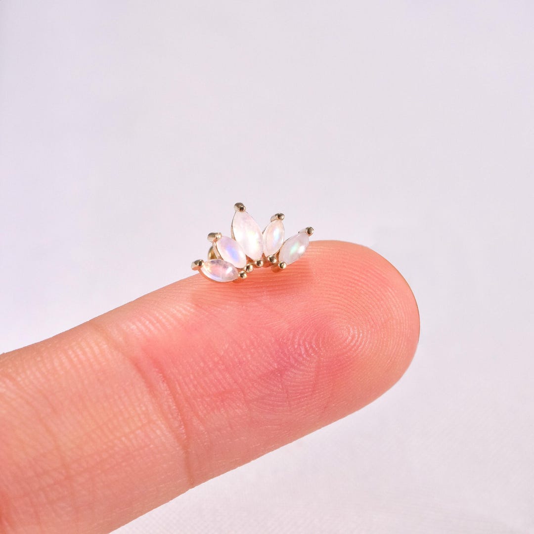 14K Solid Gold Moonstone Crown Cartilage Earring, Marquise Cut Gemstone ...