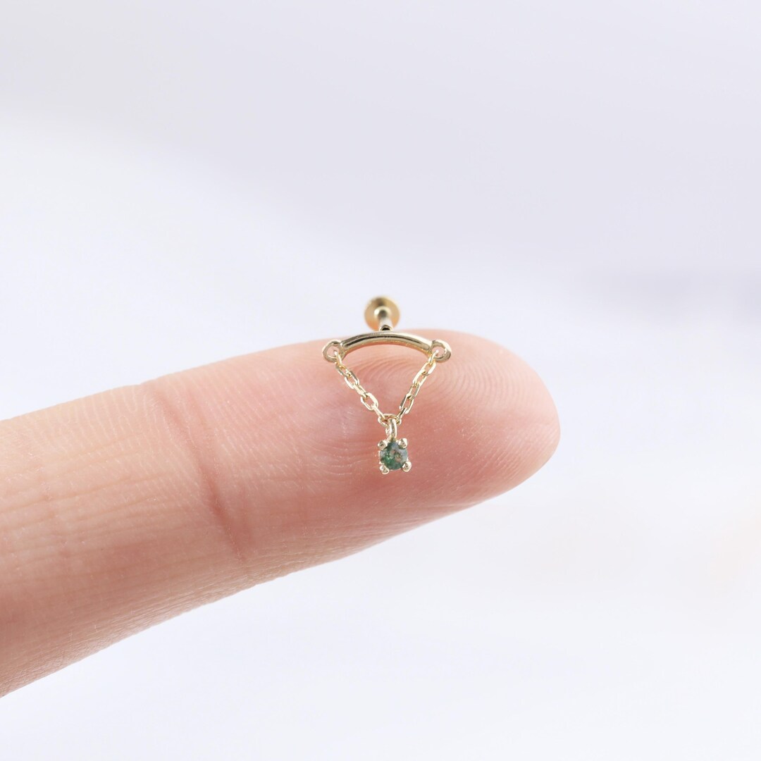 14K Solid Gold Dangle Moss Agate Piercing, Moss Agate Hidden Helix ...