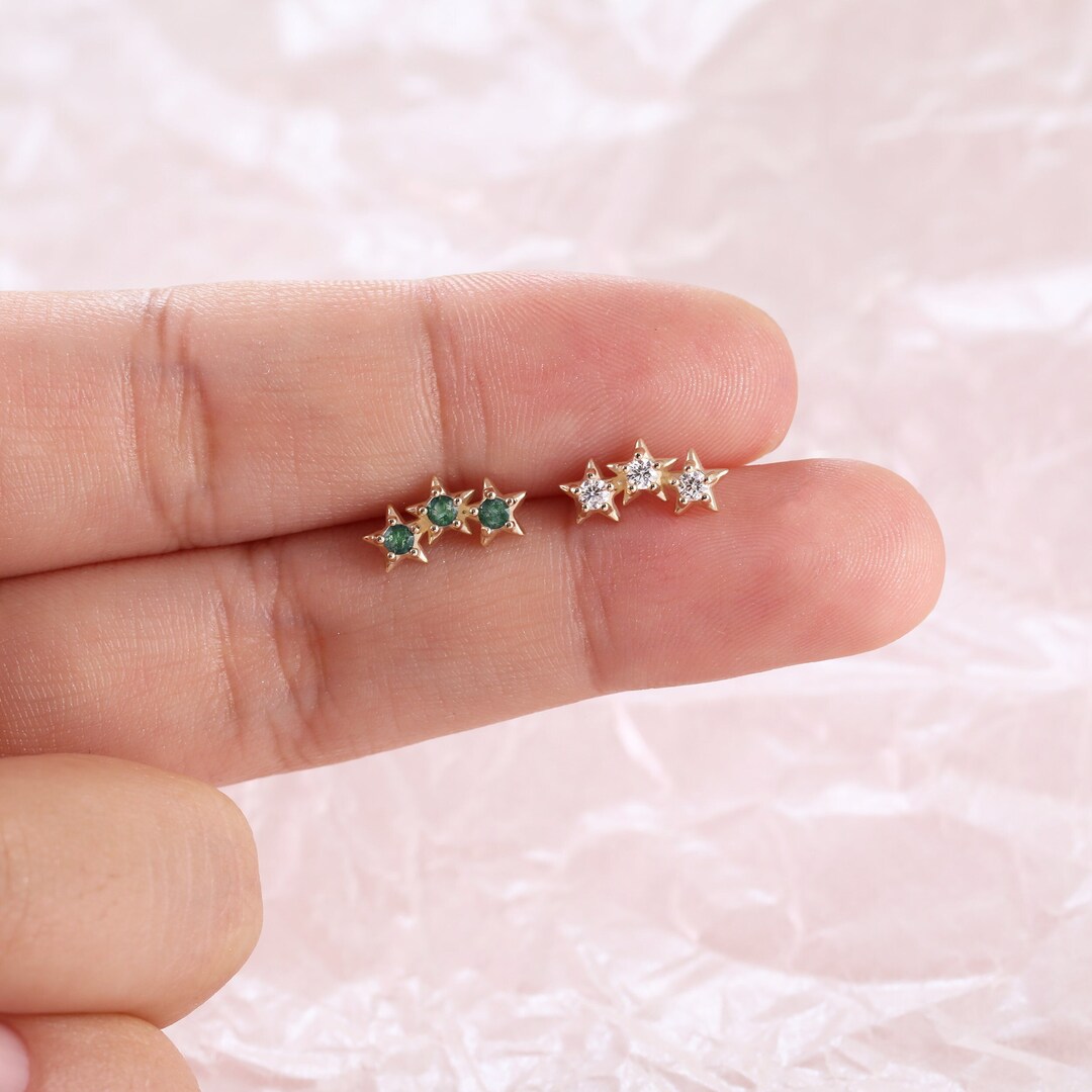 14K Solid Gold Star Moss Agate Ear Climbers, Moissanite Cartilage ...