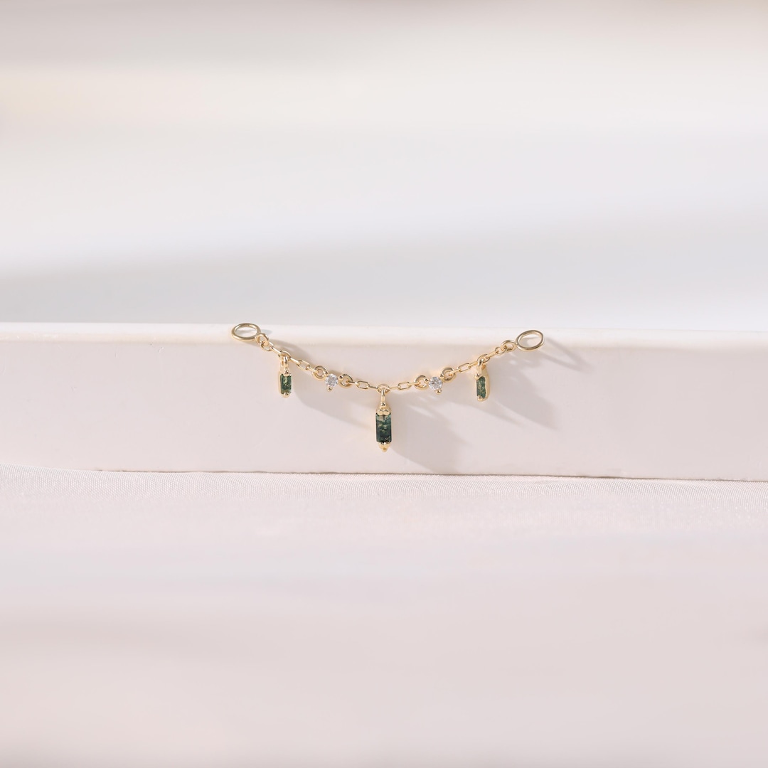 14K Solid Gold Dangle Baguette Moss Agate With Moissanite Nose Chain ...
