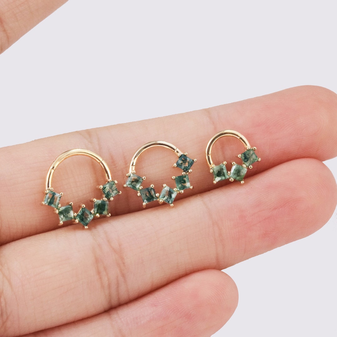 14K Solid Gold Moss Agate Daith Piercing Jewelry Hinged Ring Cartilage ...
