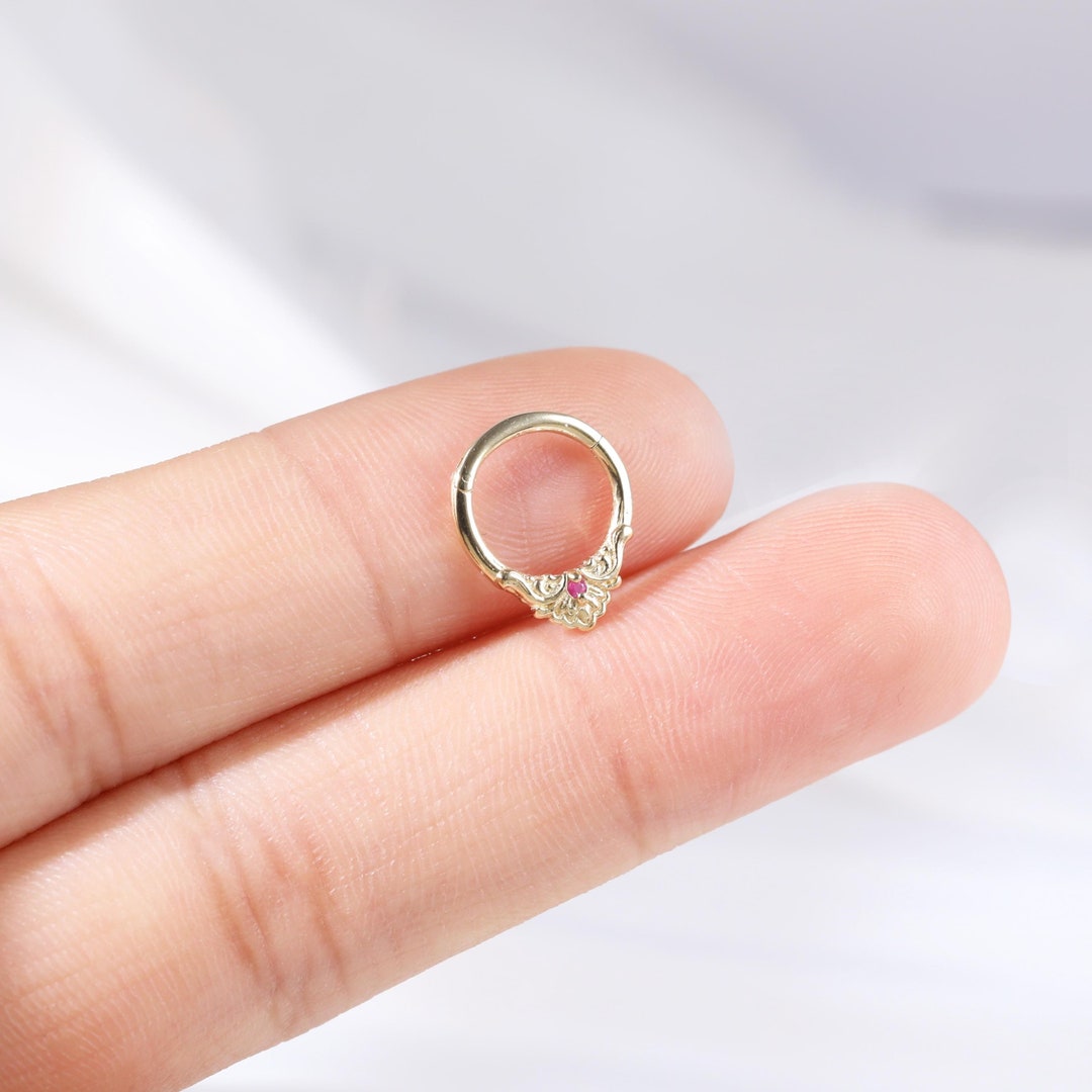 14K Solid Gold Ruby Flower Seamless Hinged Clicker, Floral Septum Ring ...
