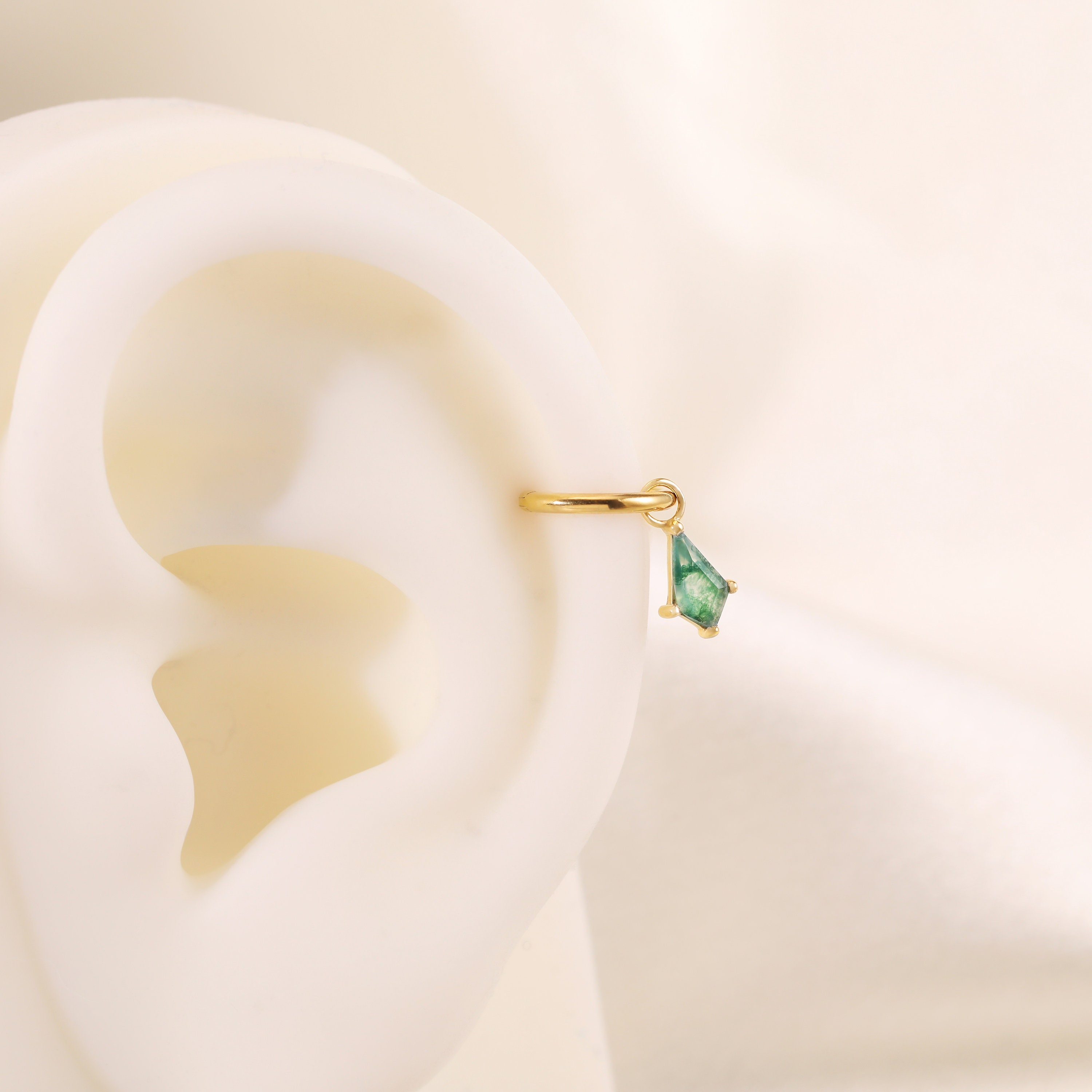 14K Solid Gold Fan Shape Moss Agate Charm, Gemstone Charm, Rook Hoop ...