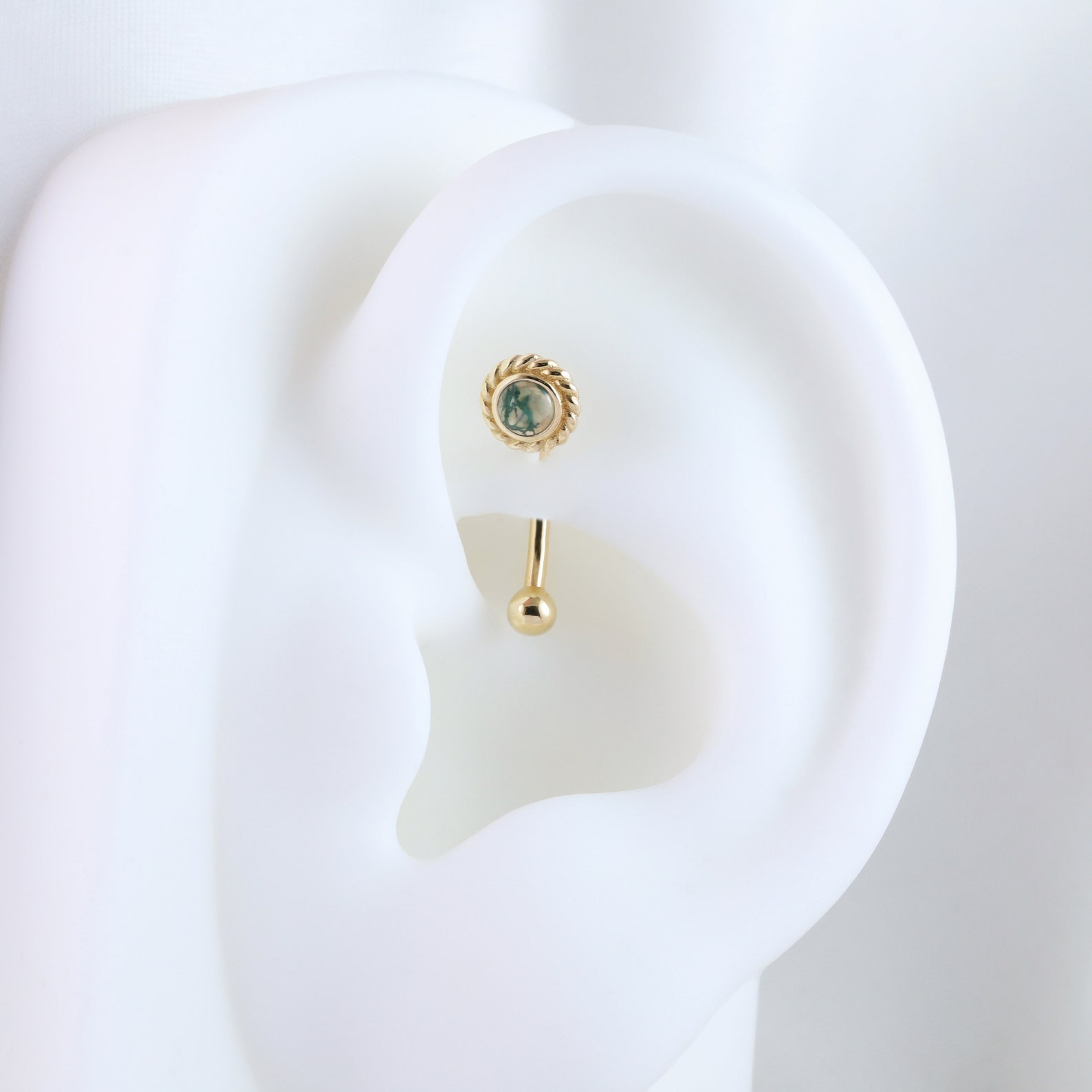 14K Solid Gold Moss Agate Round Rook, Jade Eyebrow Earring, Tiny ...
