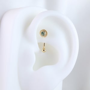 14K Solid Gold Moss Agate Round Rook, Jade Eyebrow Earring, Tiny ...