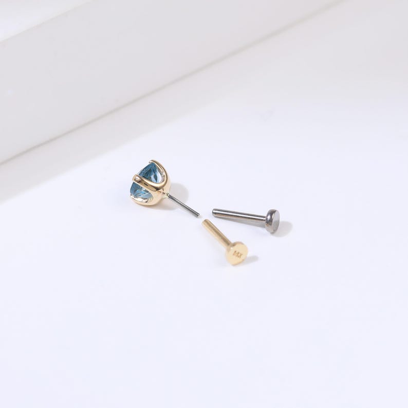 London Blue Topaz Solid 14K Gold Stud: Gemstone Threadless Pin Flat ...