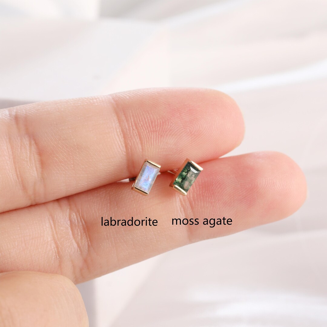 14k Solid Gold Moss Agate Baguette Stud Earring Labradorite Cartilage Stud Rectangle Shape Stud ...