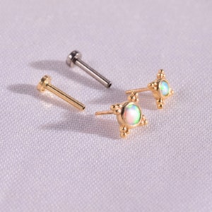 14K Gold Opal Stud Earring Three Dot Opal Cartilage Earring Threadless Push Pin Stud Opal Helix ...