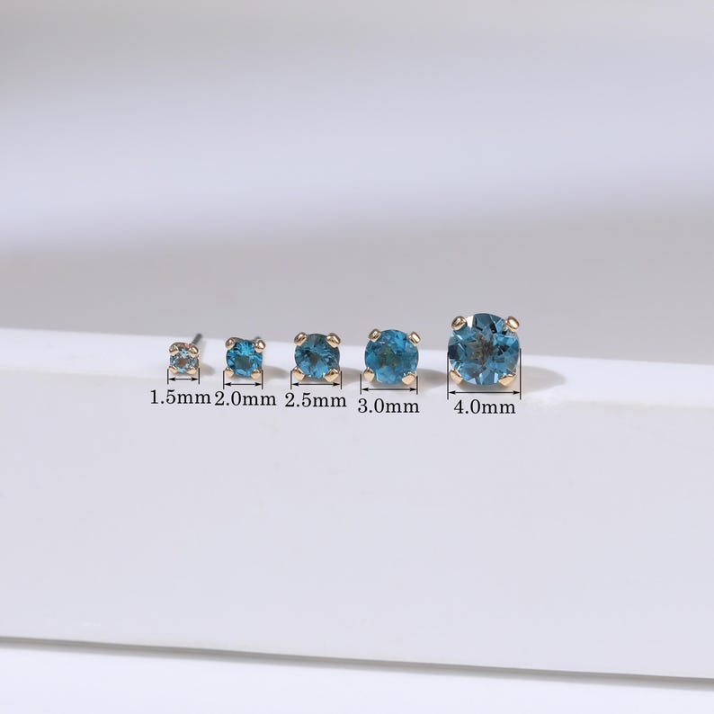 London Blue Topaz Solid 14K Gold Stud: Gemstone Threadless Pin Flat ...