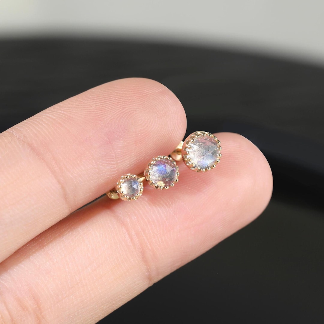 14K Solid Gold Labradorite Threaded Pin Earring, Rose Cut Round ...