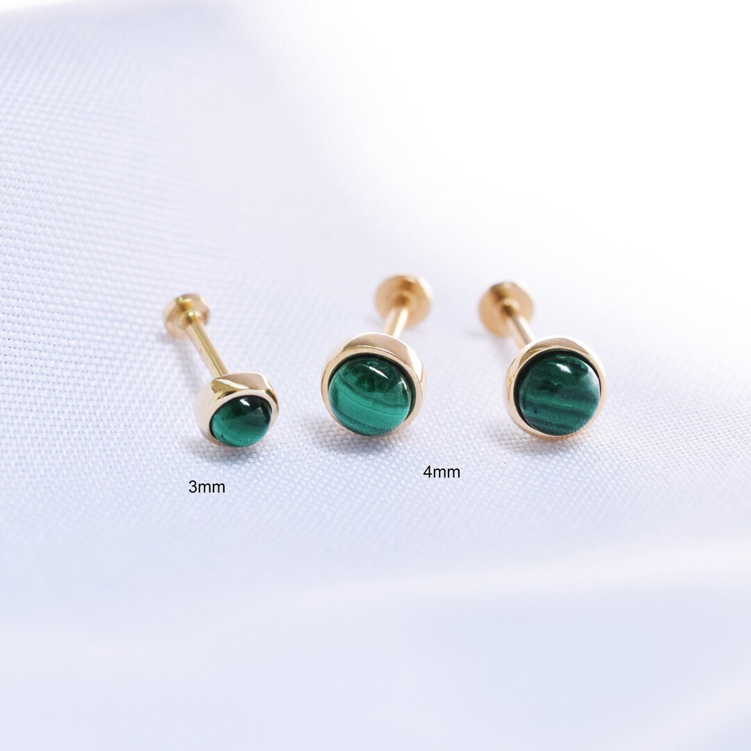 14K Gold Malachite Threadless Push Pin Stud Earring Dainty Round Shape ...