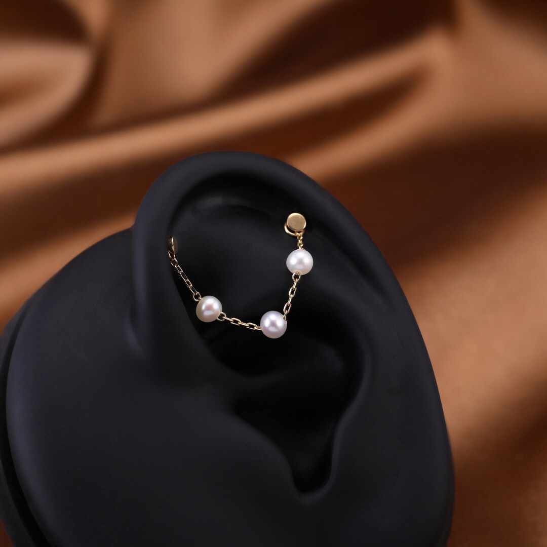 14K Solid Gold Dainty Pearl Chain Charm, Gemstone Hoop Clicker Charm ...