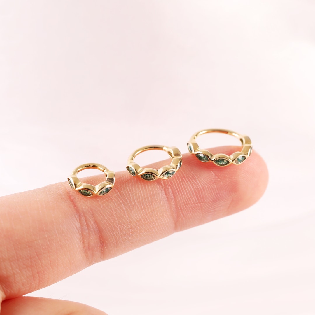 14K Solid Gold Moss Agate Daith Hoop, Gemstone Hoop Cliker, Gold ...