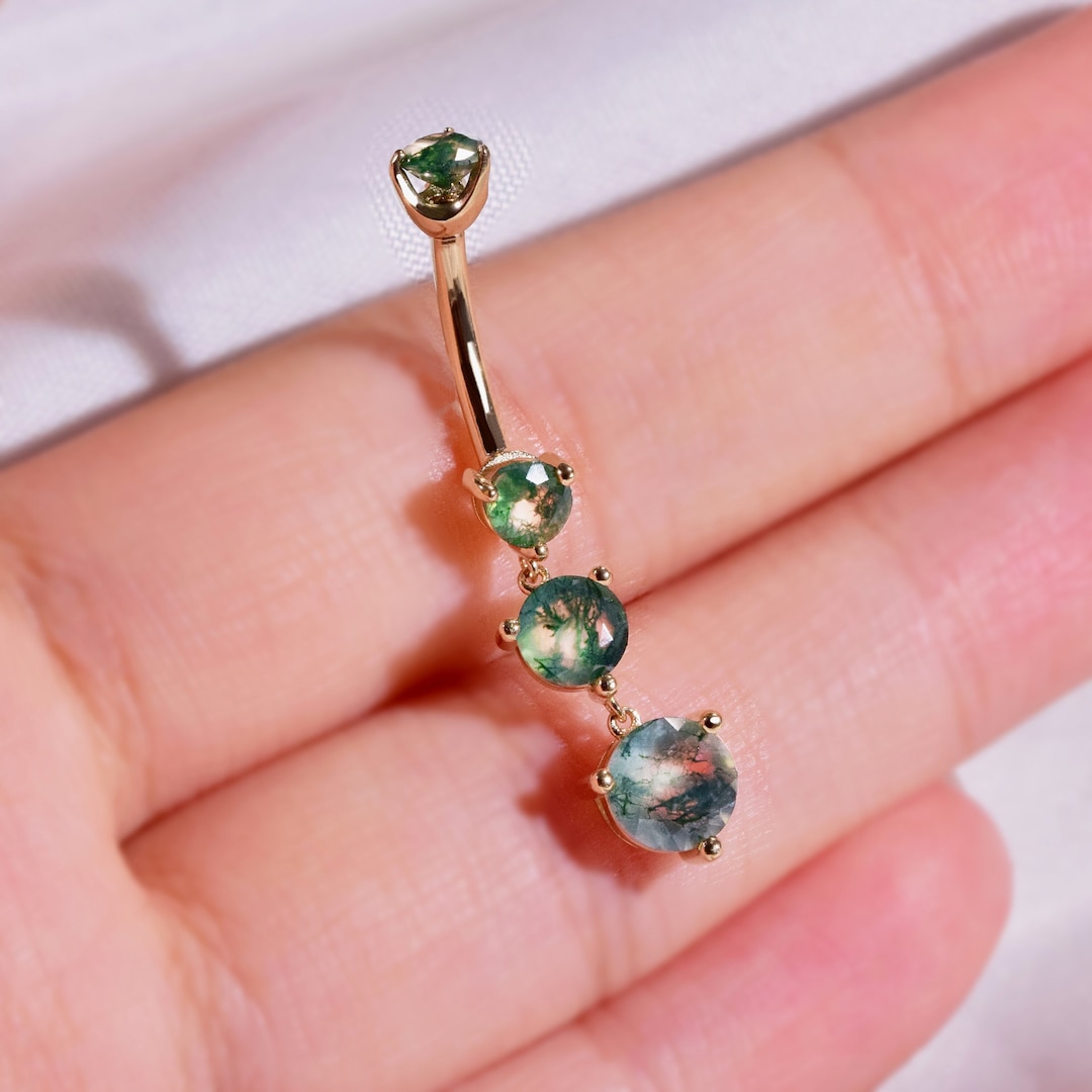 14K Solid Gold Moss Agate Dangle Belly Button Ring Triple Drop Navel ...
