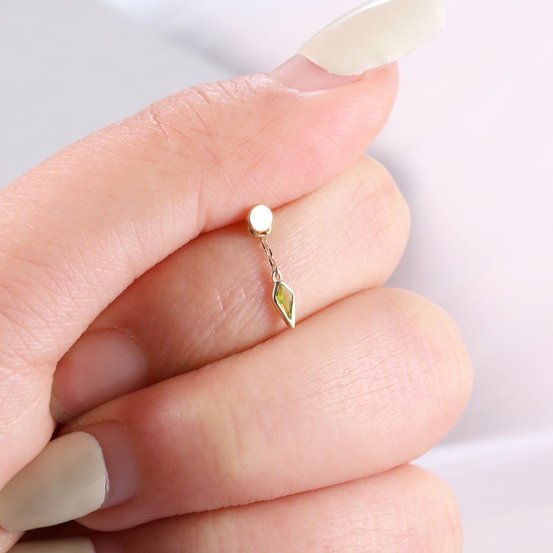 14K Solid Gold Dangle Peridot Charm, Gemstone Hoop Clicker Charm, Rook ...