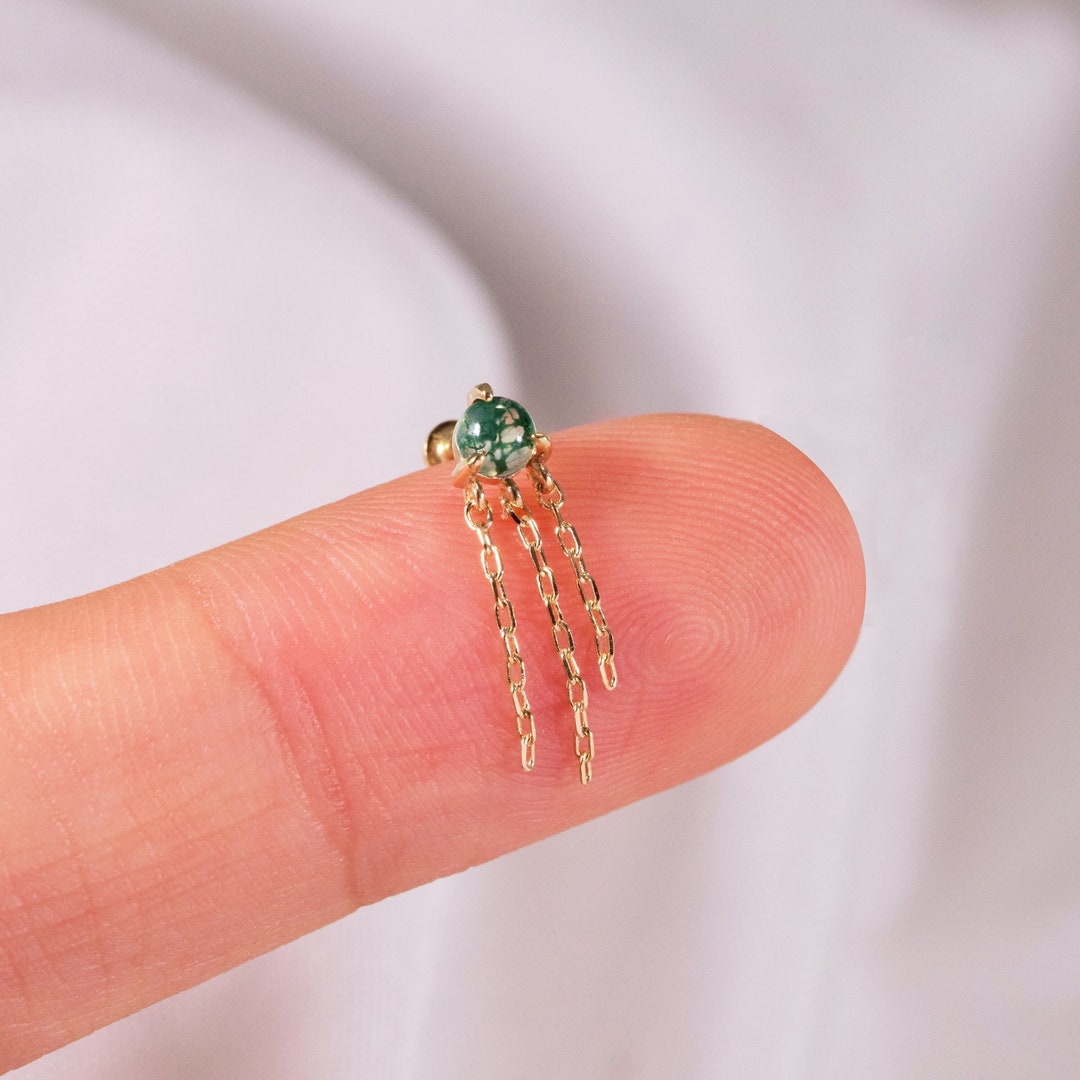 14K Solid Gold Dangle Triple Chain Moss Agate Cartilage Earring Helix ...
