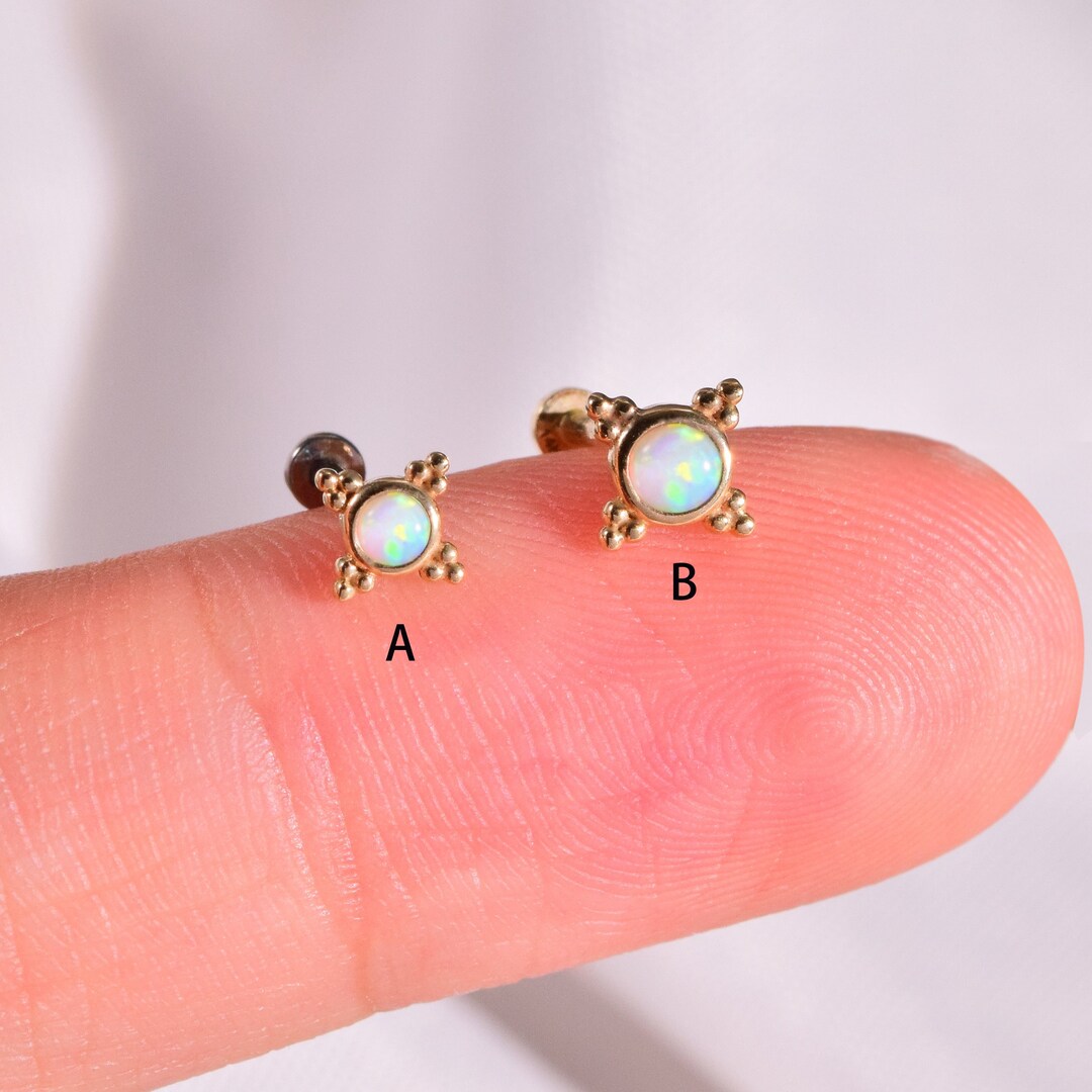 14K Gold Opal Stud Earring Three Dot Opal Cartilage Earring Threadless Push Pin Stud Opal Helix ...