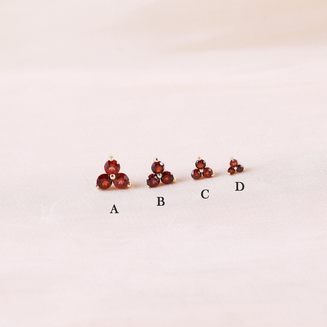 14K Solid Gold Garnet Triangle Cluster Petal Stud Earring Gemstone ...